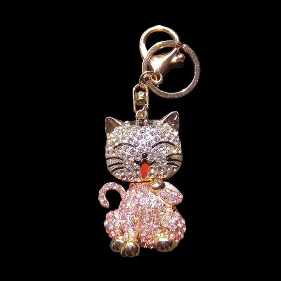Bags | Rhinestone Pink Gold Cat Bag Charm | Poshmark